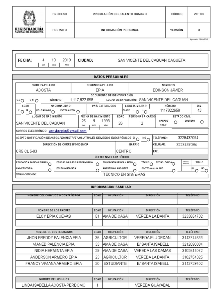 Formato VTFT07: Información Personal | PDF | Educación avanzada