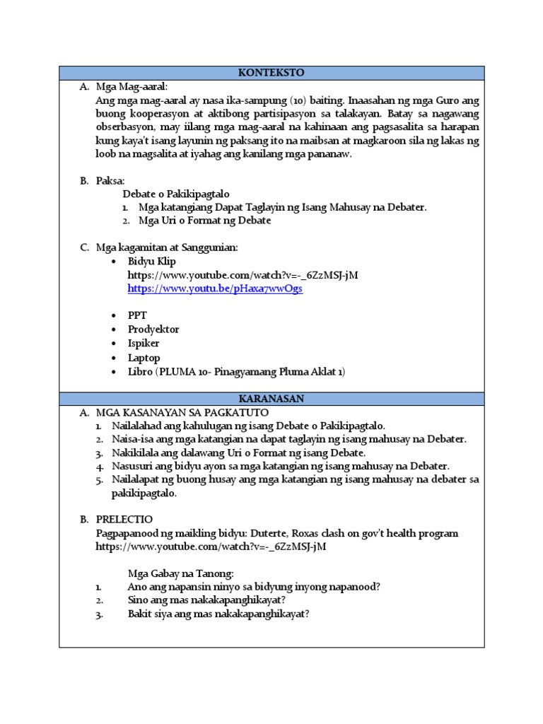 IPP Banghay Aralin Sa Filipino 10 - Debate | PDF