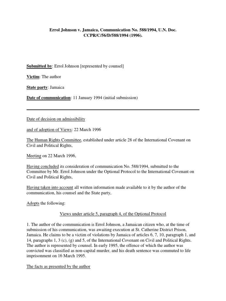 Errol Johnson v. Jamaica | PDF | Capital Punishment In The United ...