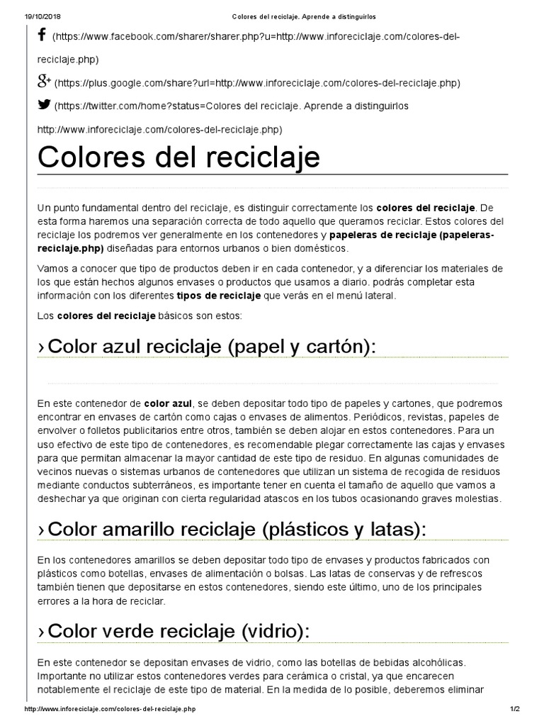 Colores Del Reciclaje. Aprende A Distinguirlos | PDF | Reciclaje | Cartón