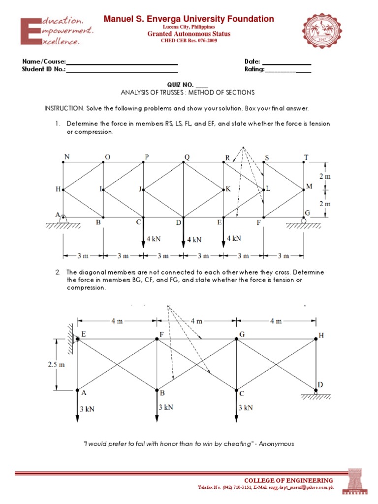 Truss Analysis Quiz: Method of Sections | PDF