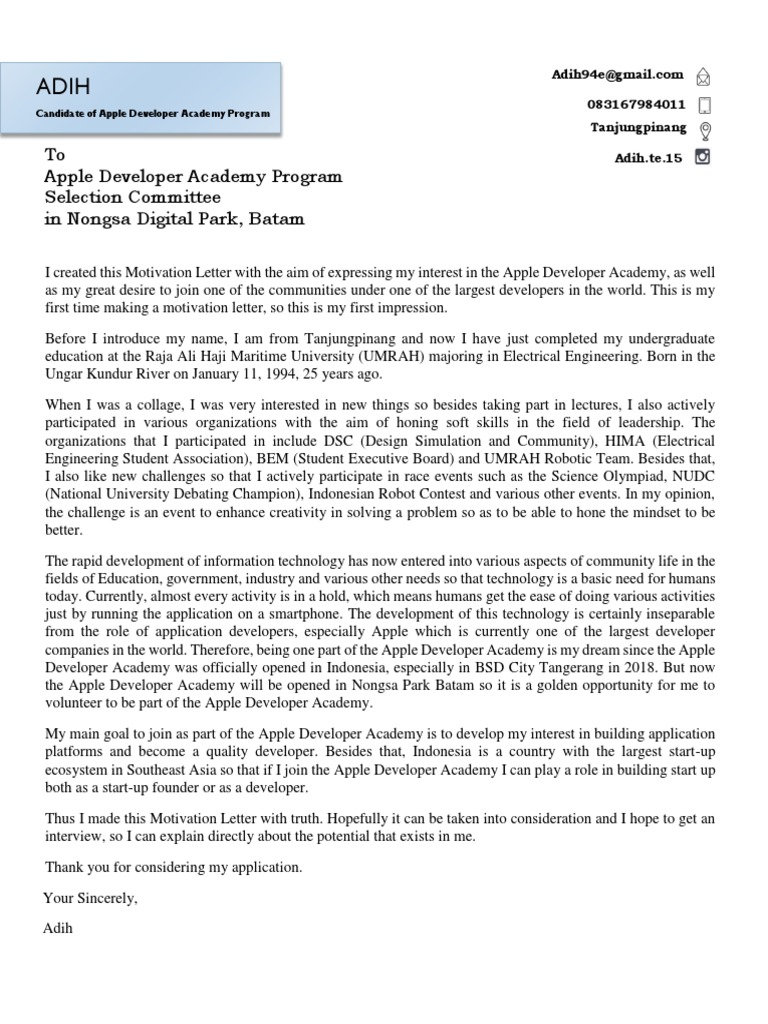 To Apple Developer Academy Program Selection Committee in Nongsa ...