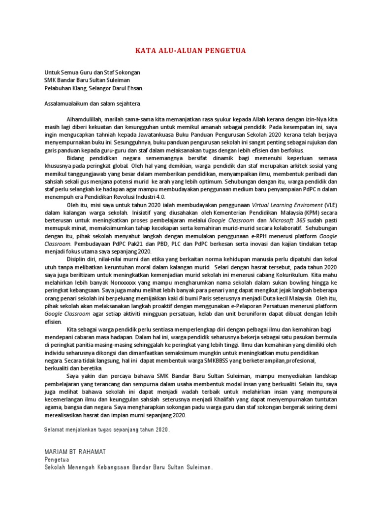 Kata Kata Aluan Pengetua Buku Pengurusan 2020 | PDF | Karier & Perkembangan