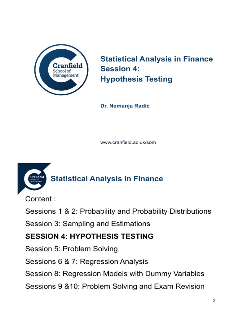 Statistical Analysis in Finance Session 4: Hypothesis Testing ...