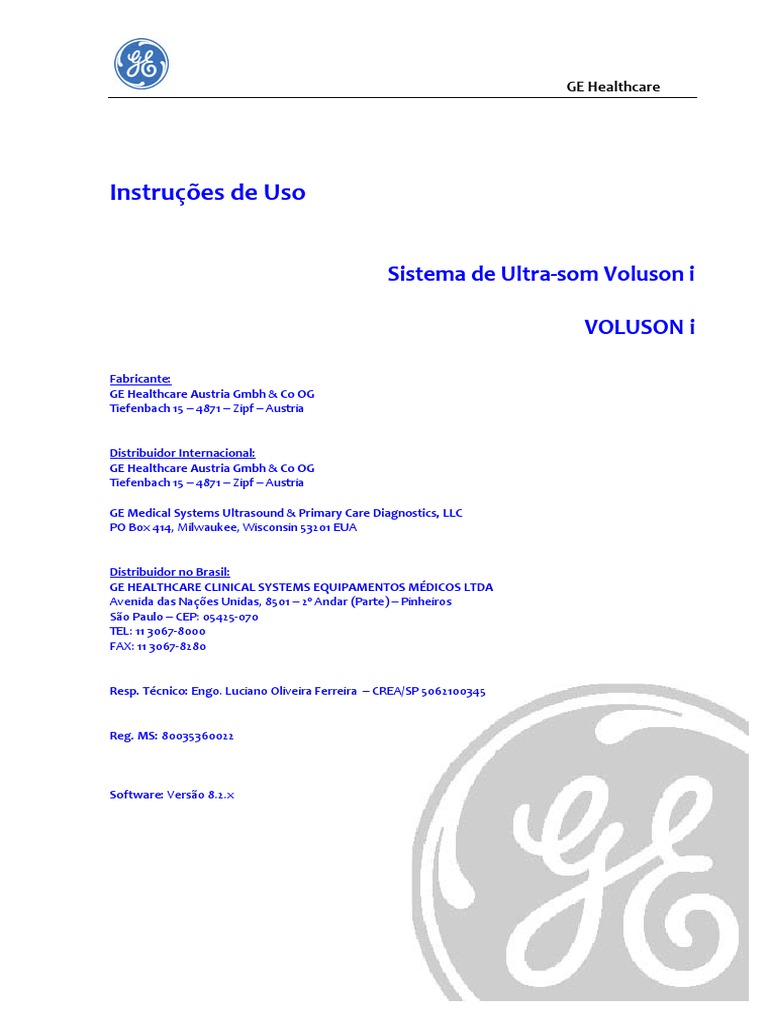 GE Voluson I - Manual Básico Do Usuário | PDF | Ultrassom médico | Oxigênio