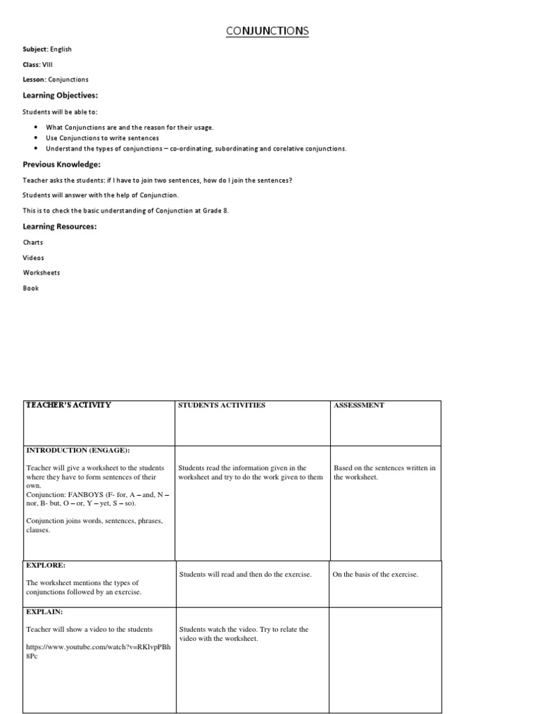 Conjunctions: Learning Objectives | PDF