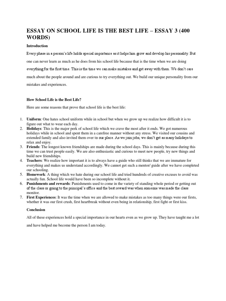 Essay On School Life Is The Best Life - Essay 3 (400 Words) | PDF