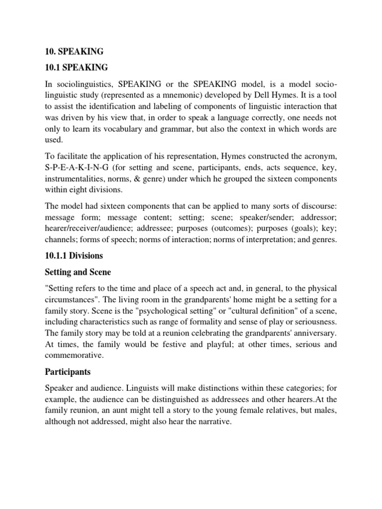 Understanding Hymes' SPEAKING Model | PDF | Telepathy | Parapsychology