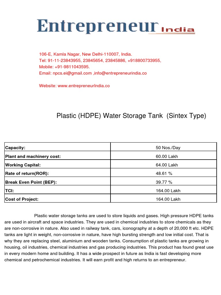 Plastic - HDPE Water Storage Tank - Sintex Type | PDF | Tanks | Plastic