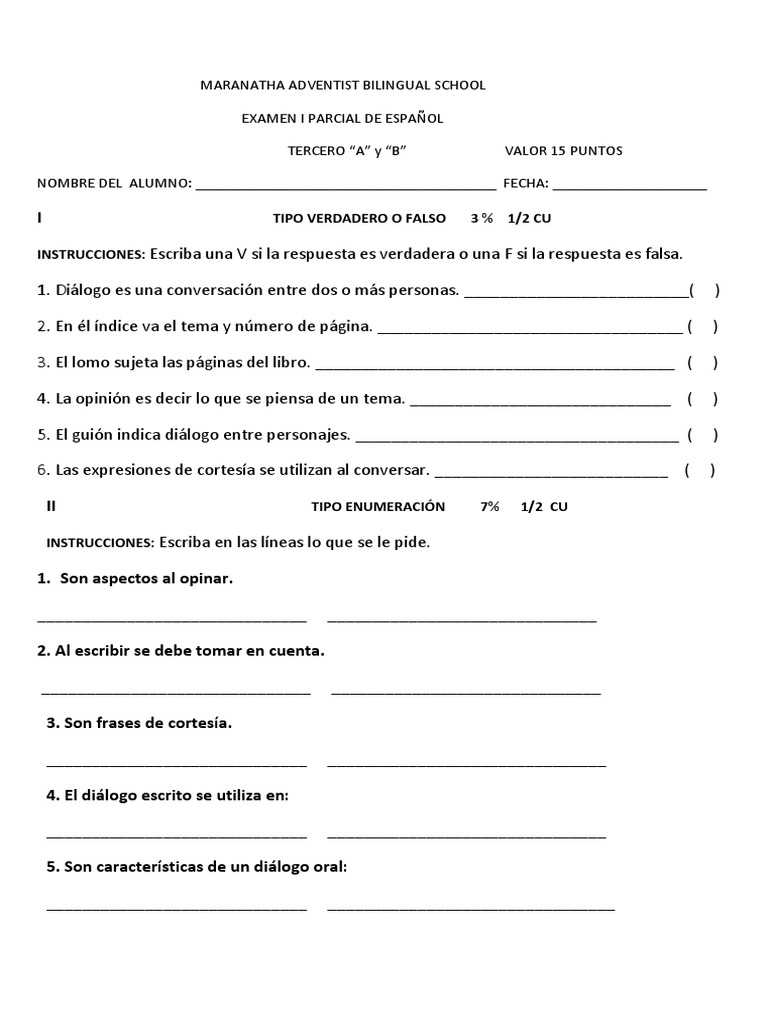 Examen de Español I Parcial 3 A y B 2015 | PDF