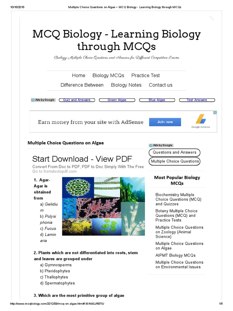 Biology Multiple Choice Questions and An | PDF | Algae | Multiple Choice