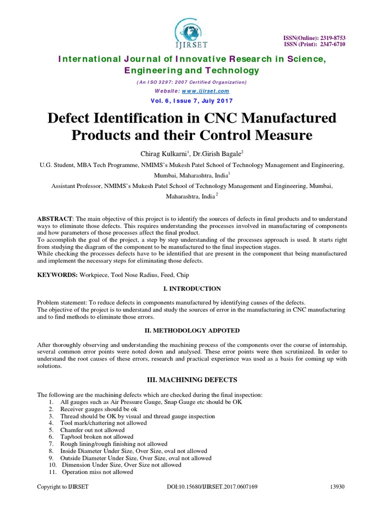 Defect Identification in CNC Manufactured Products and Their Control ...