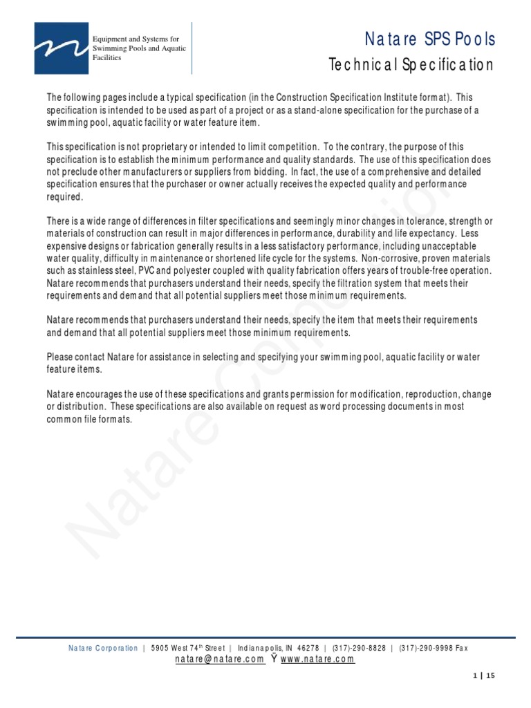Natare SPS-stainless Specifications - v41987 (Spec Only) PDF | PDF ...