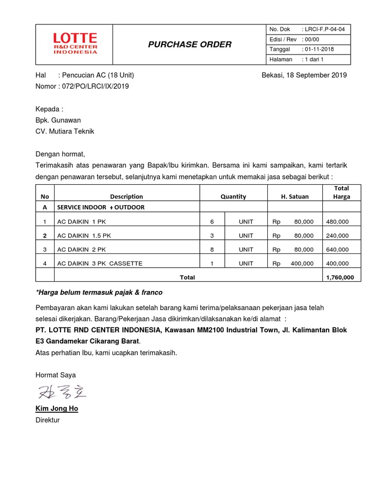 Contoh Surat Purchase Order Jasa AC | PDF | Griya & Taman
