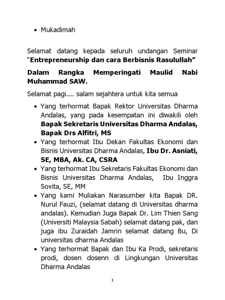 TEKS PEMBAWA ACARA Seminar Entrepreneurship | PDF