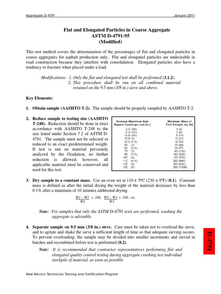 Flat and Elongated Particles in Coarse Aggregate ASTM D-4791-95 ...