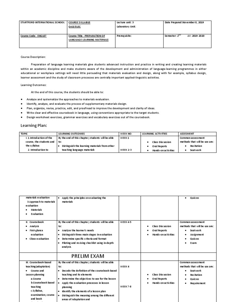Preparation of Language Learning Materials | PDF | Evaluation | Test ...