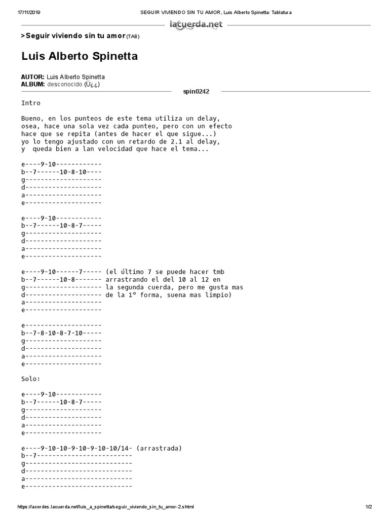 Tablatura de Seguir viviendo sin tu amor de Luis Alberto Spinetta | PDF | Música grabada ...