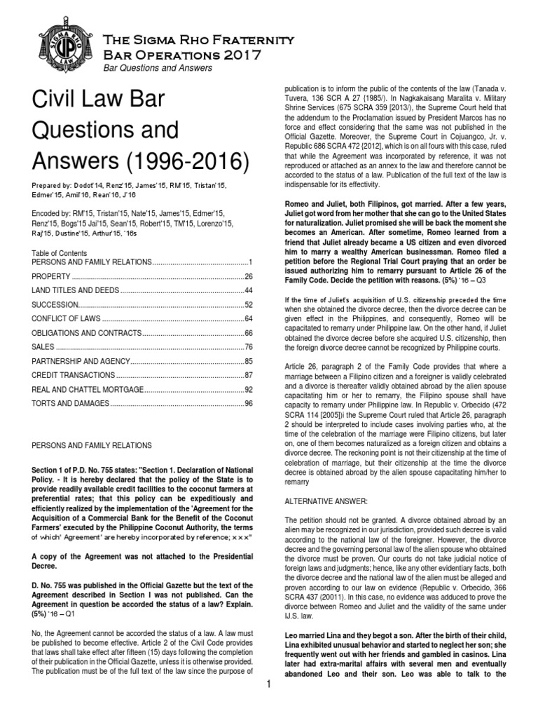 Law Bar Exam Q&A Guide | PDF | Annulment | Marriage