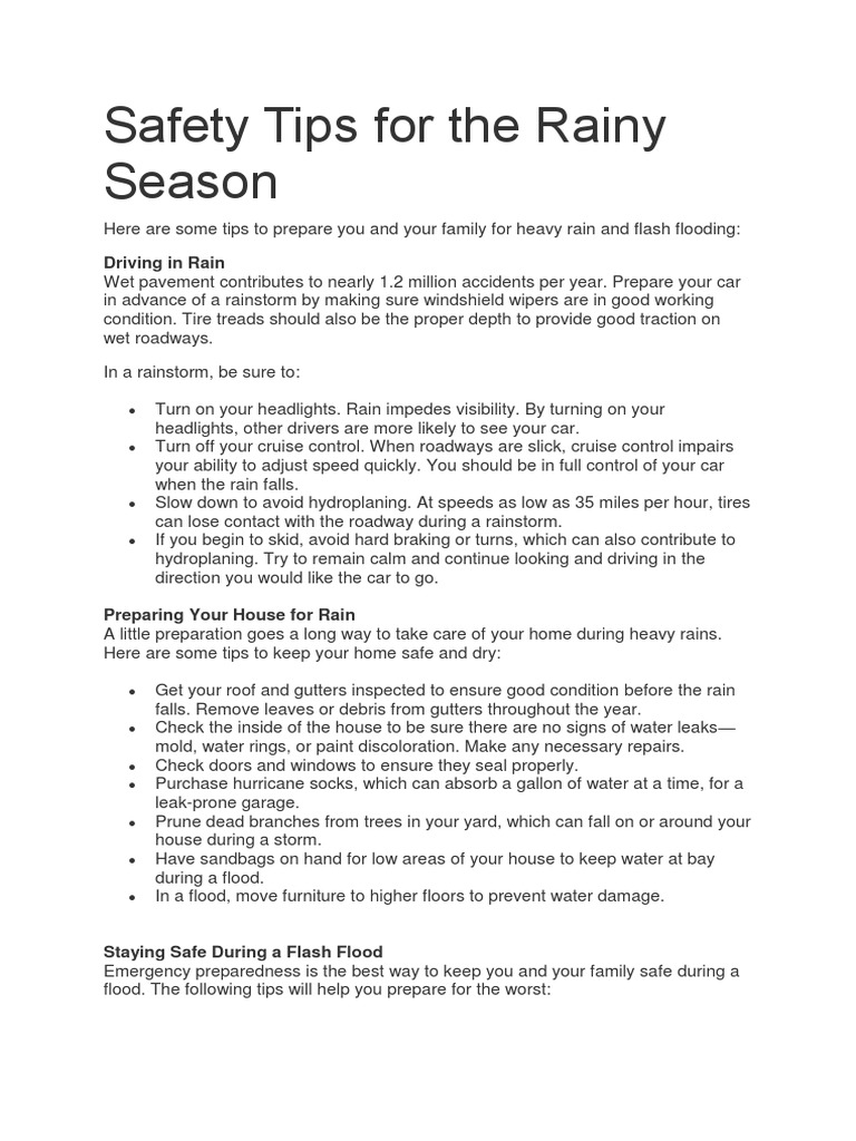 Safety Tips For The Rainy Season | PDF | Natural Disasters | Vehicles