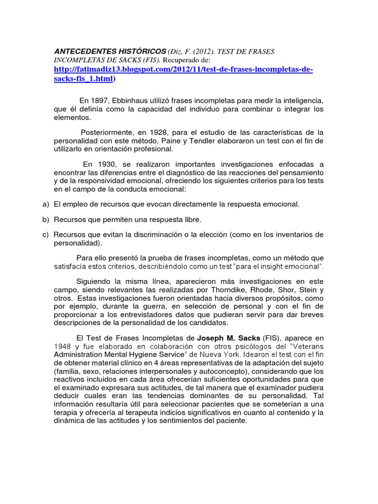 Test de Sacks | PDF | Inteligencia | Las emociones