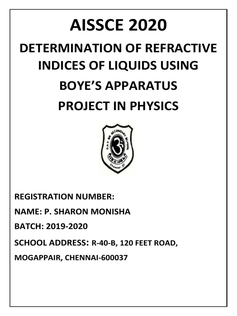 Determination of Refractive Indices of Liquids Using Boye'S Apparatus ...