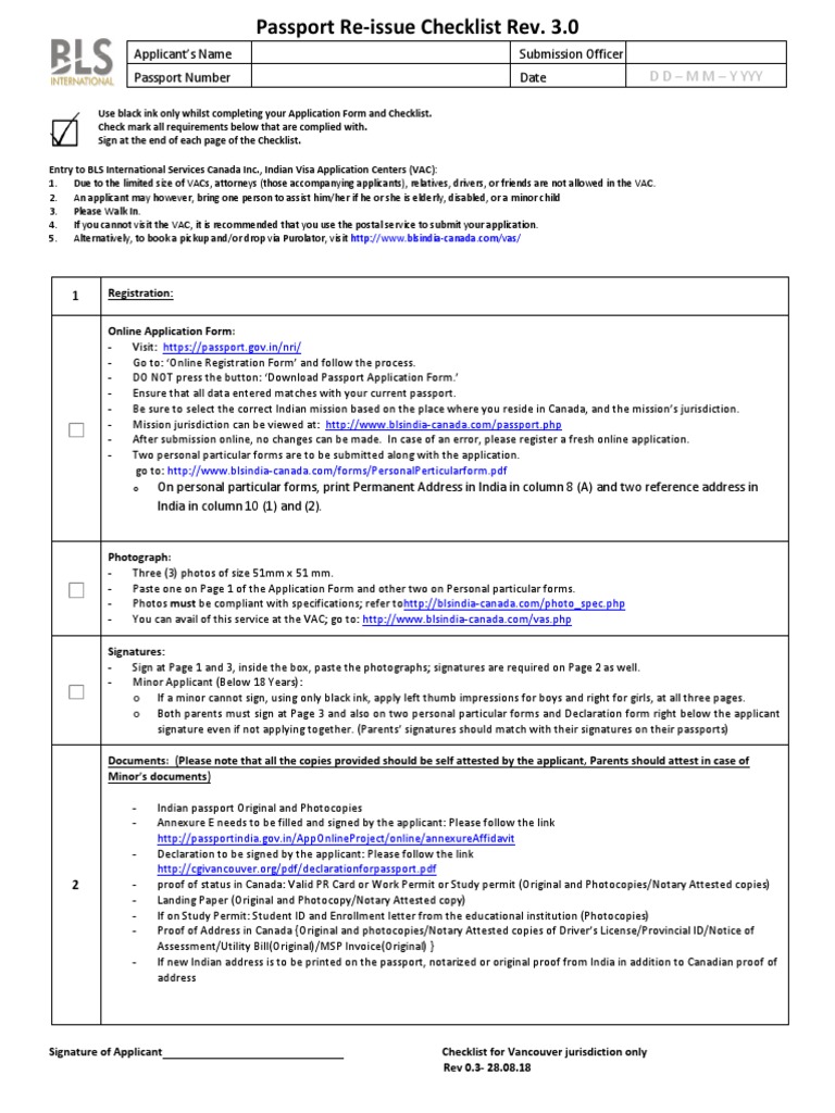 BLS CAN10Vancouver PassportRe Issue Checklist | PDF | Notary Public ...