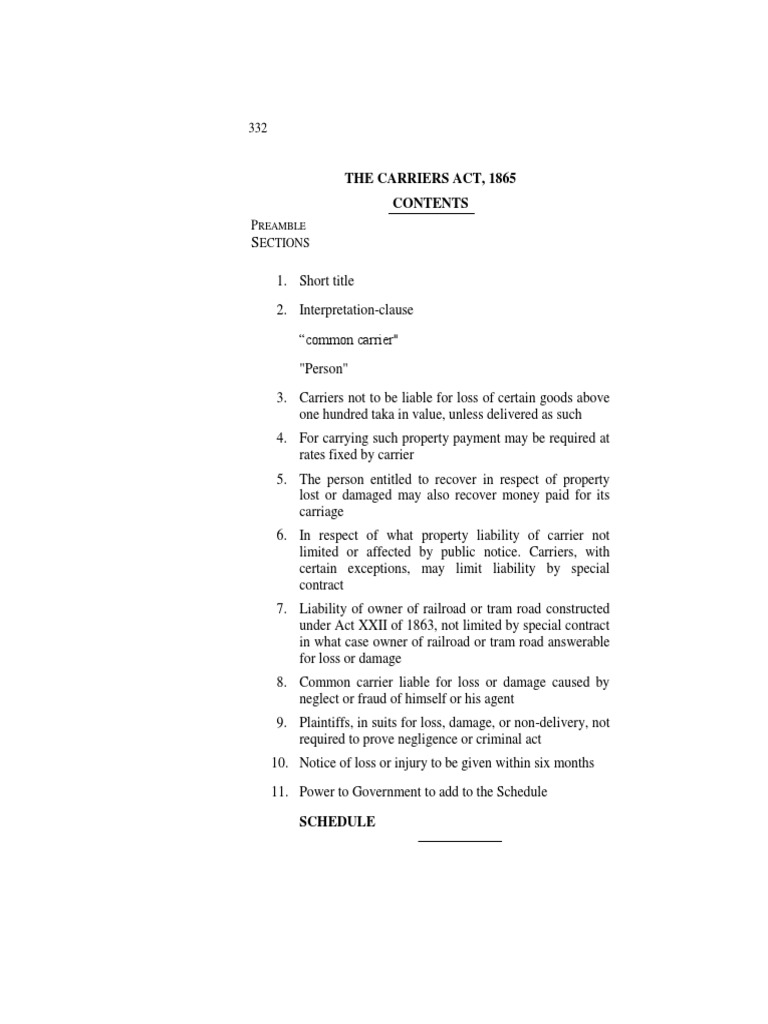The Carriers Act, 1865 | PDF | Common Carrier | Negligence