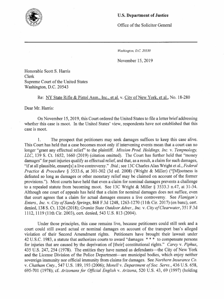 New York Rifle and Pistol Assn. Federal Government Letter Brief On Mootness Supreme Court | PDF ...
