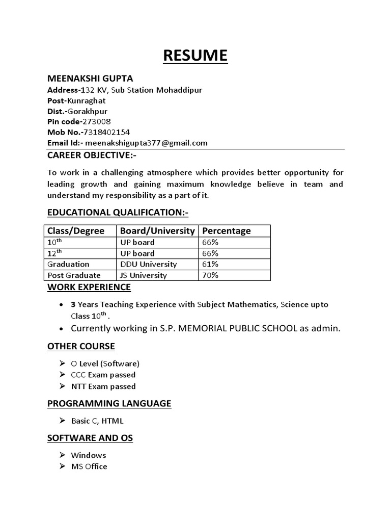 Meenakshi Gupta - Teaching Resume | PDF