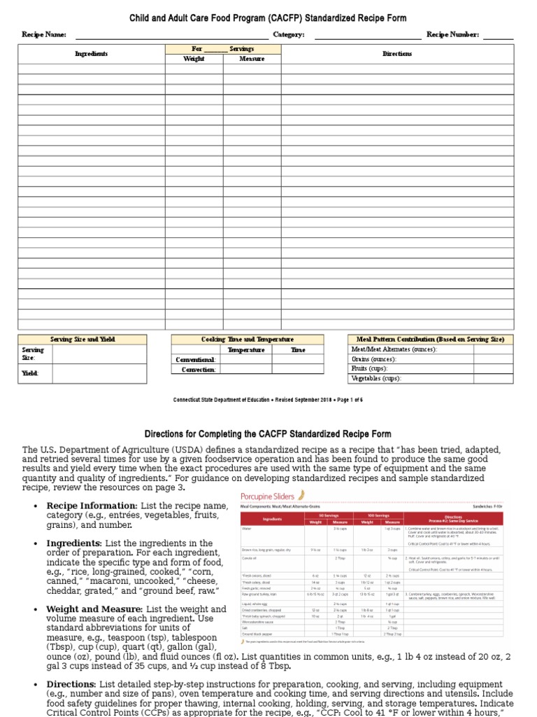 Child and Adult Care Food Program (CACFP) Standardized Recipe Form ...