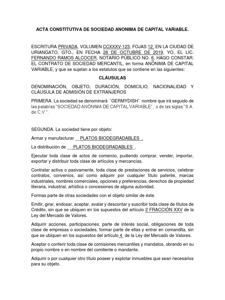 Acta Constitutiva de Sociedad Anonima de Capital Variable | PDF | Sociedad de responsabilidad ...