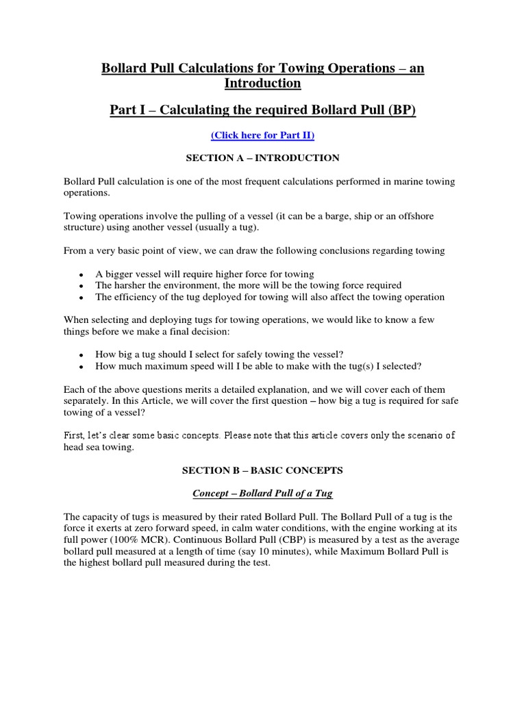 Bollard Pull Calculation for Towing | PDF | Tugboat | Hull (Watercraft)