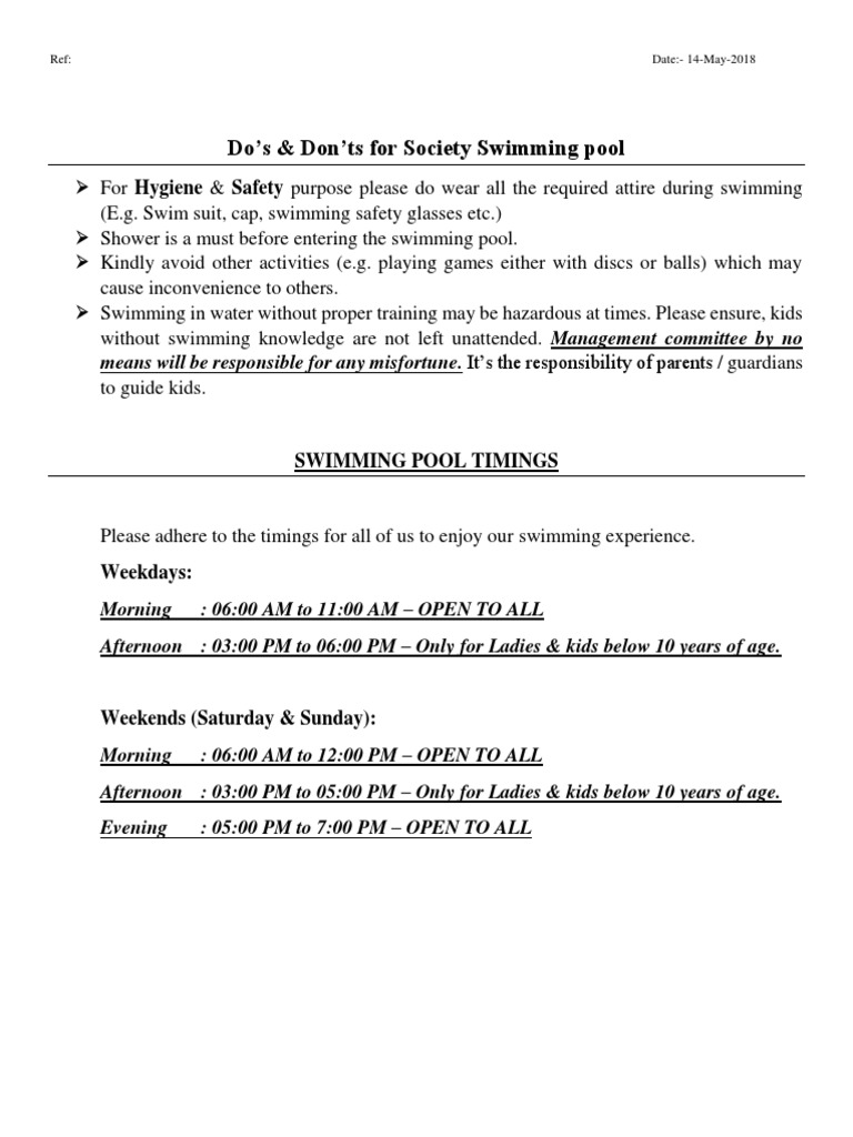 Guidelines for Safe and Considerate Use of the Society Swimming Pool | PDF