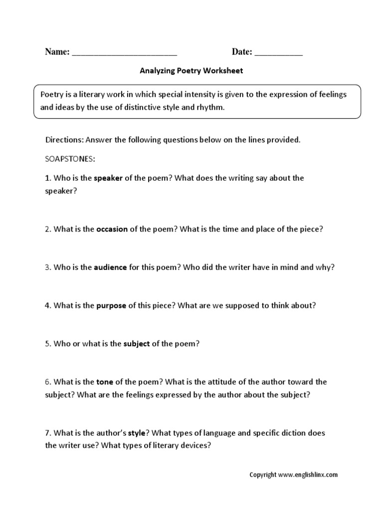 Analyzing Poetry Worksheet | PDF