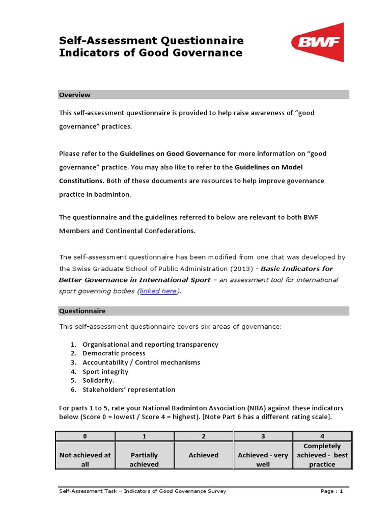 Good Governance - Self Assessment Questionnaire - 16 May 2016 | PDF ...