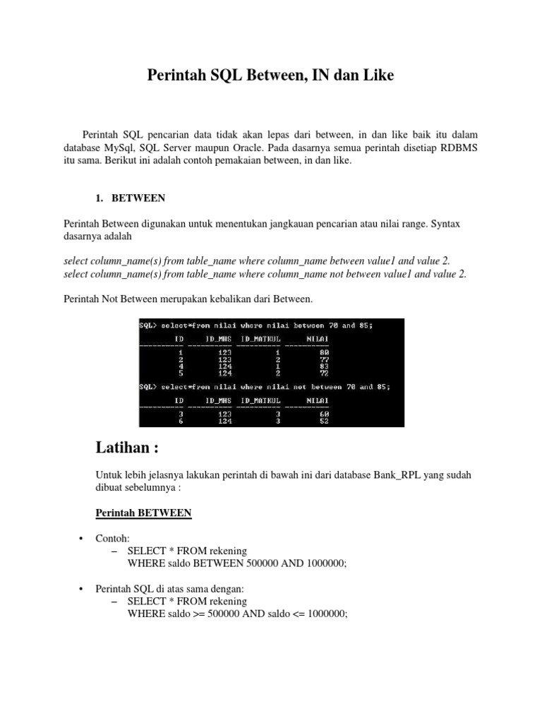 Modul Sql Between In Like Pdf