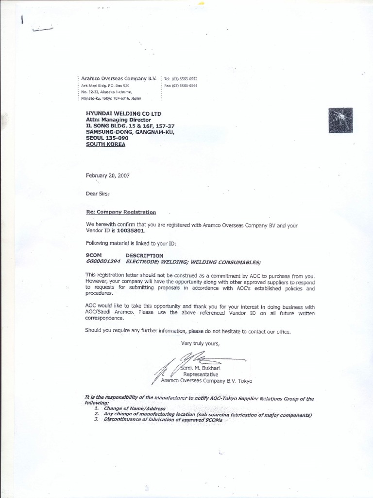 Hyundai Aramco Registration Letter PDF | PDF