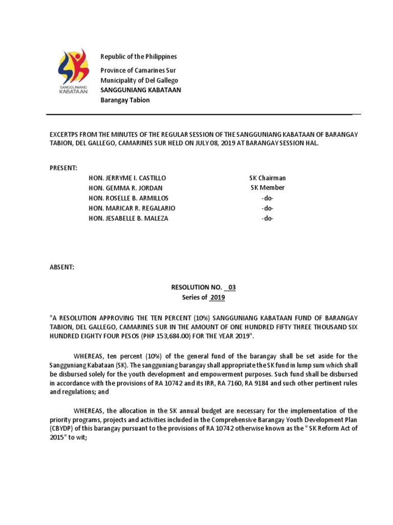 A Resolution Approving The Ten Percent (10%) Sangguniang Kabataan Fund ...