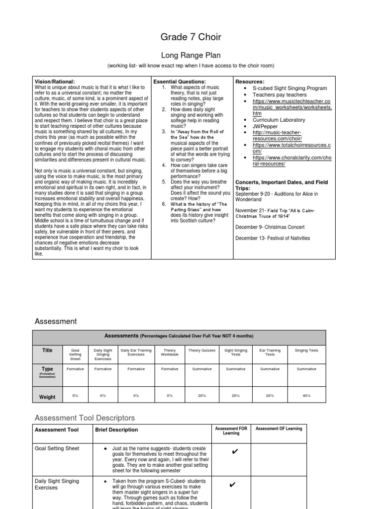 Revised - Grade 7 Choir Long Range Plan | PDF | Choir | Singing