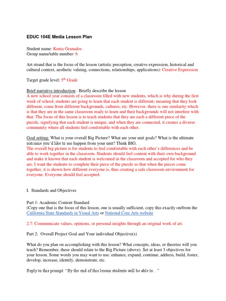 5th Grade Creative Expression Lesson Plan | PDF | Understanding ...