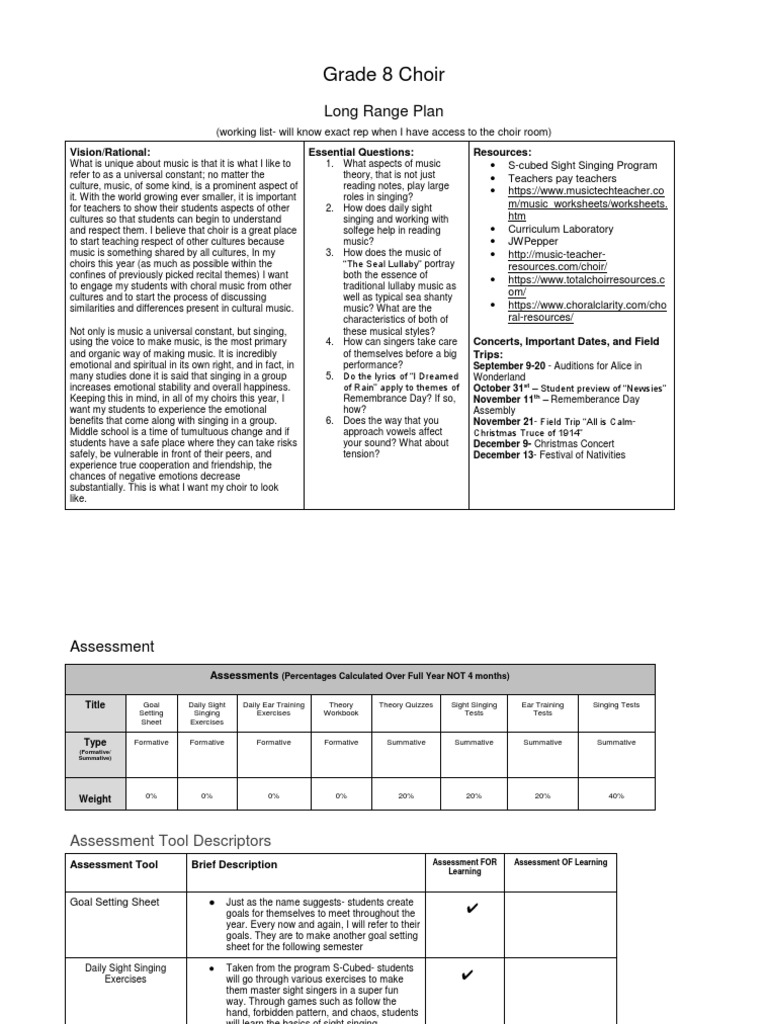 Grade 8 Choir Long Range Plan | PDF | Choir | Singing