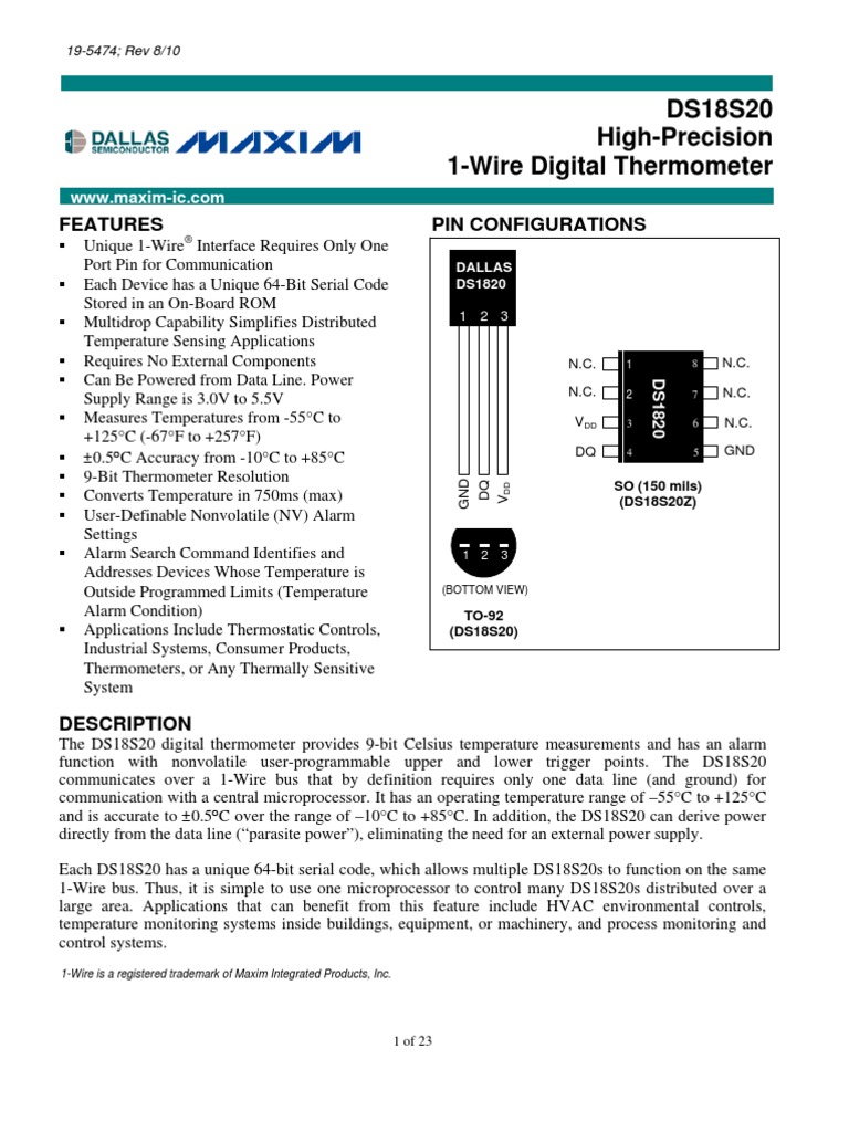 DS18S20 High-Precision 1-Wire Digital Thermometer: Features Pin ...