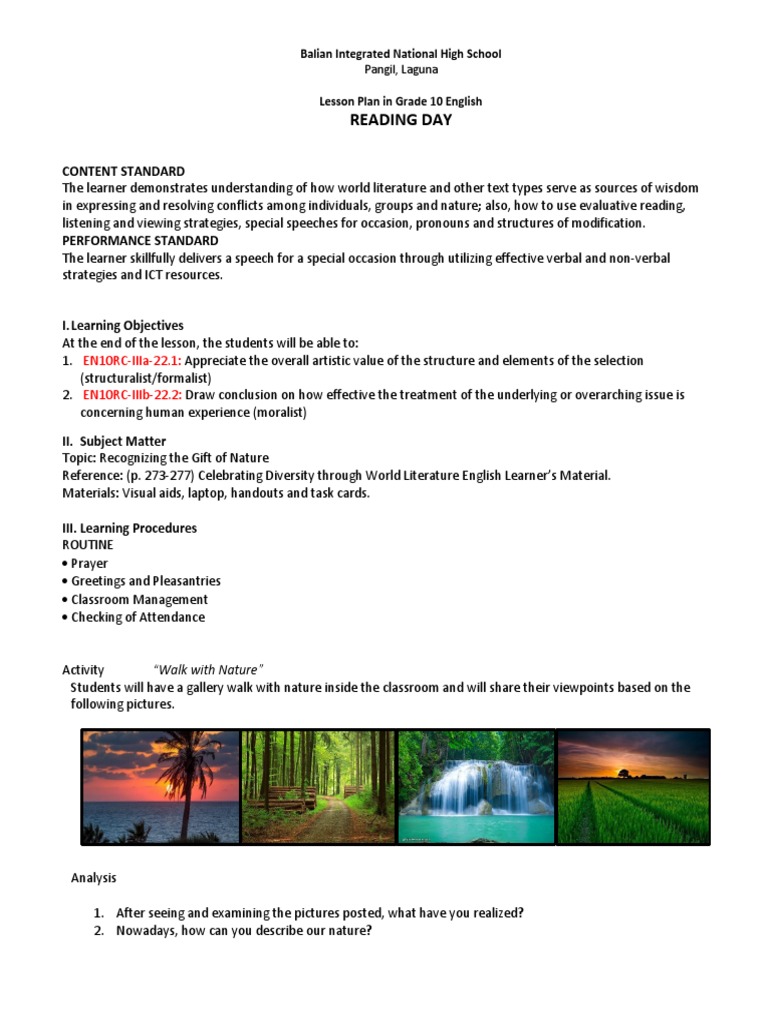 Reading Day Every Monday Lesson Plan | PDF | Lesson Plan | Learning