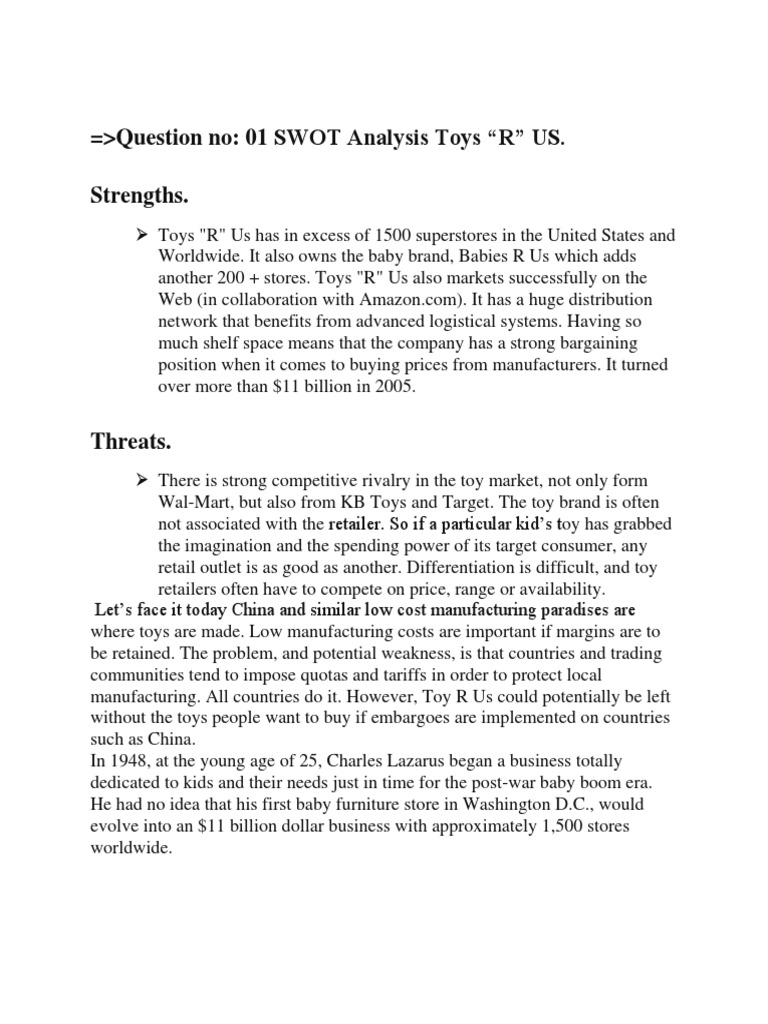 Analyzing SWOT of Toys "R | PDF | Toys | Retail
