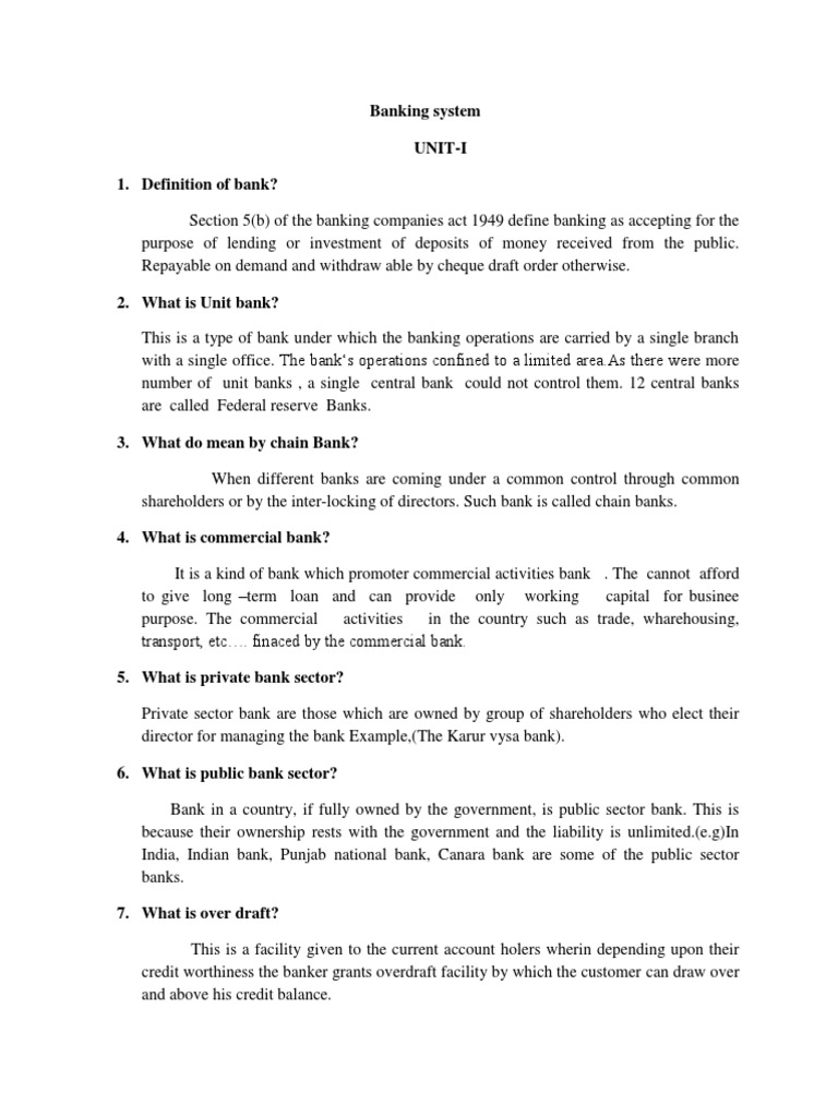 Banking System Unit-I 1. Definition of Bank? | PDF | Banks | Loans