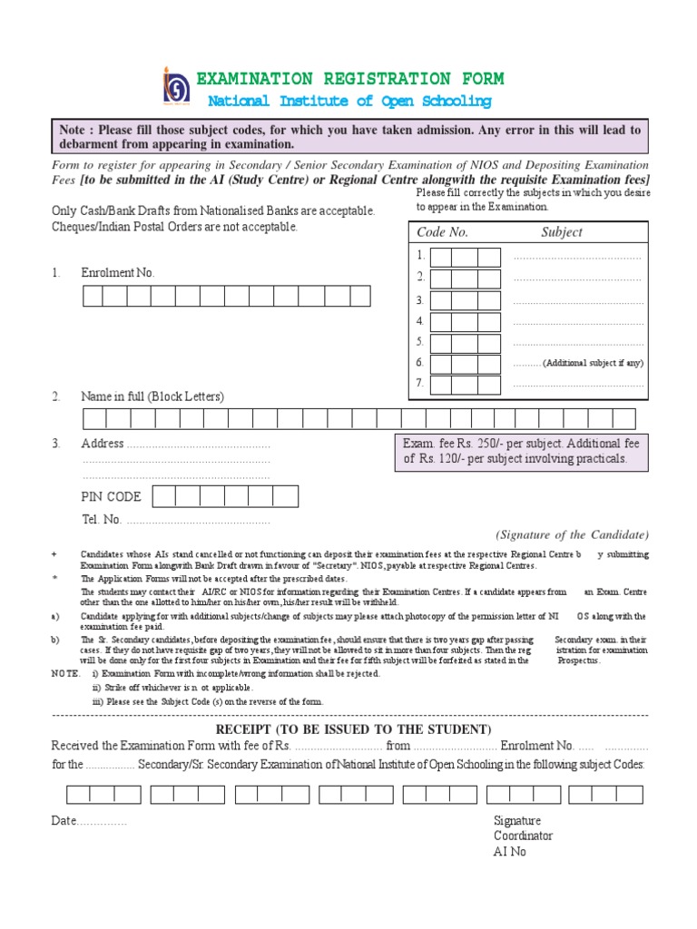Examination Registration Form Examination Registration Form Examination ...