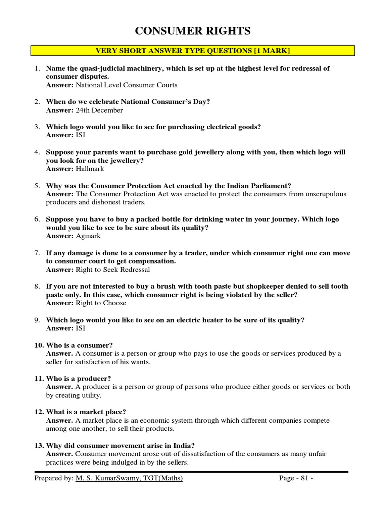 Consumer Rights Important Questions and Answers PDF | PDF | Market ...