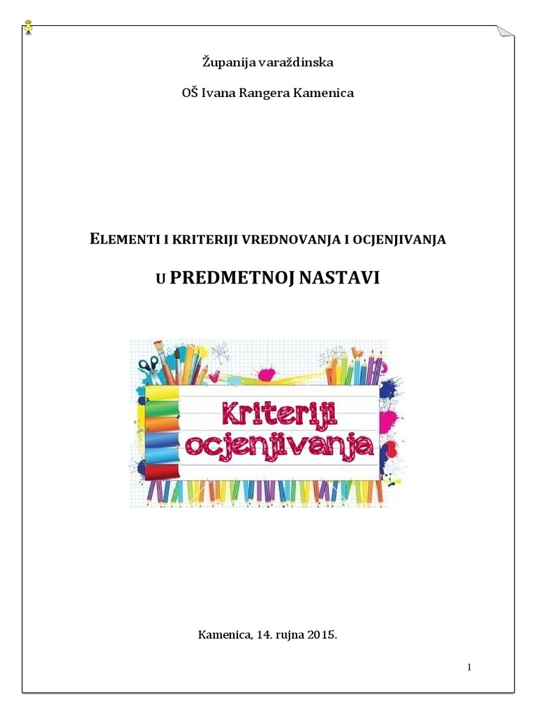 Kriteriji Ocjenjivanja Elementi Vrednovanja PN2015-16 PDF | PDF