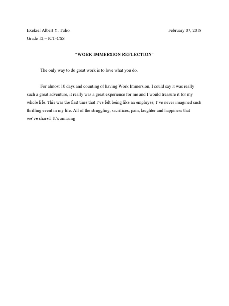 Work Immersion Reflection by Exekiel Tulio | PDF | Lifestyle